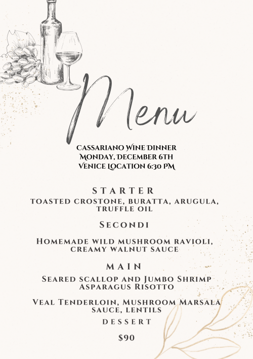 Savor Sarasota and Wine Dinner Special Menus – Cassariano Italian Eatery
